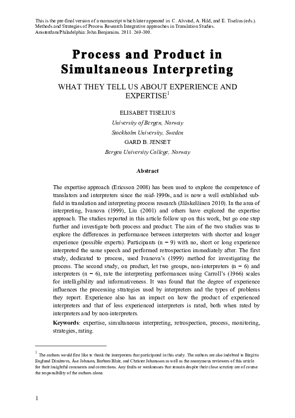(PDF) Process and Product in Simultaneous Interpreting: what they tell us about experience and ...