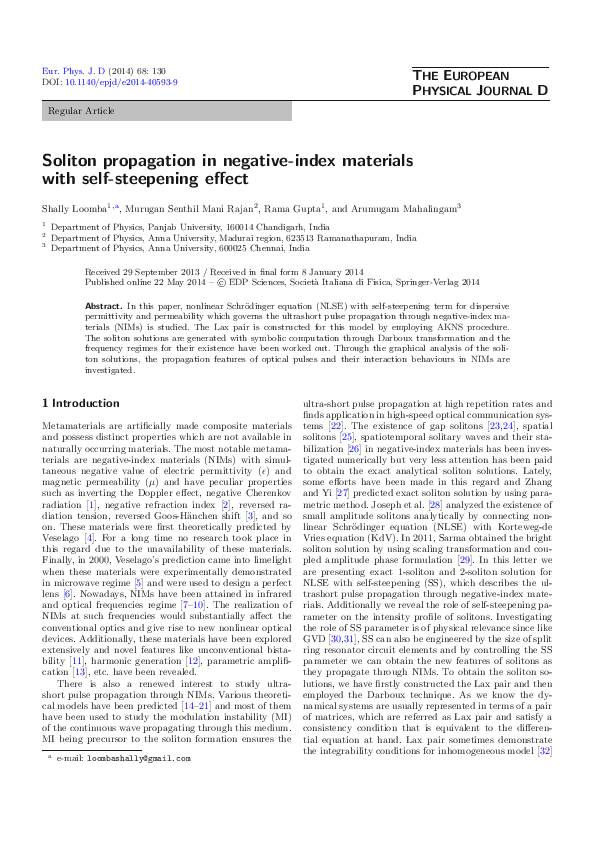 (PDF) Soliton propagation in negative-index materials with self-steepening effect