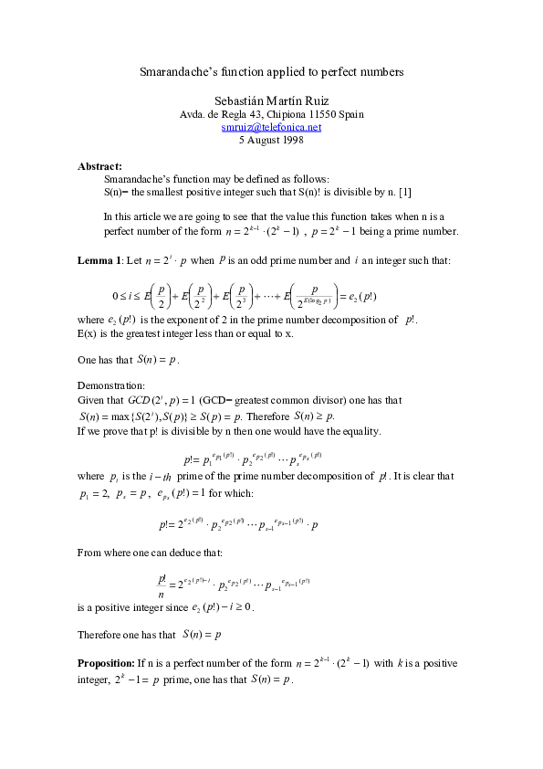 (PDF) Smarandache Function Applied to Perfect Numbers