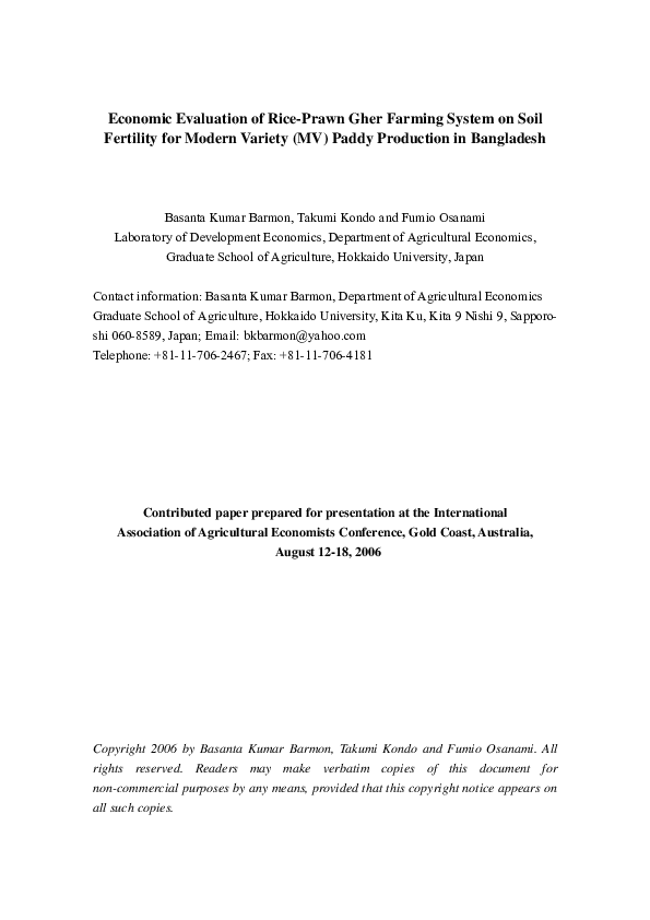 (PDF) Economic Evaluation of Rice-Prawn Gher Farming System on Soil ...