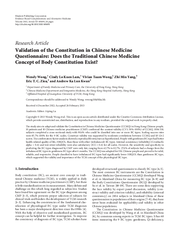 (PDF) Validation of the Constitution in Chinese Medicine Questionnaire ...