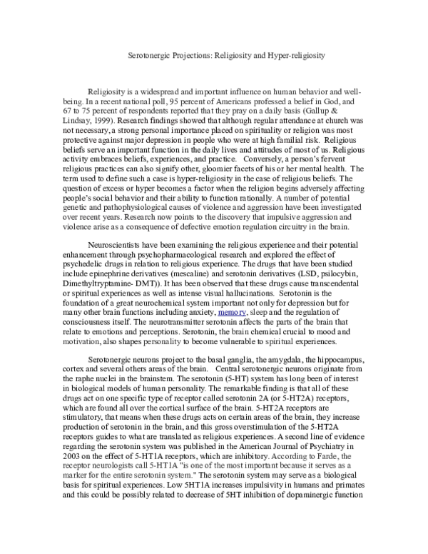 (DOC) Serotonergic Projections: Religiosity and Hyper-religiosity
