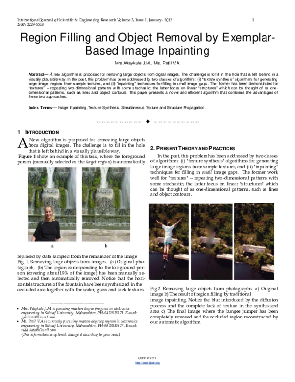 (PDF) Region Filling and Object Removal by Exemplar- Based Image Inpainting