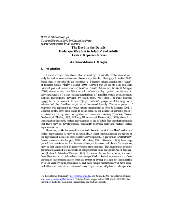 (PDF) The Devil in the Details: Underspecification in Infants' and Adults' Lexical Representations