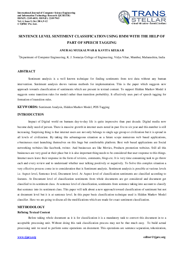 Pdf Sentence Level Sentiment Classification Using Hmm With The Help Of Part Of Speech Tagging