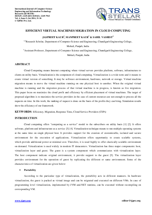 (PDF) EFFICIENT VIRTUAL MACHINES MIGRATION IN CLOUD COMPUTING