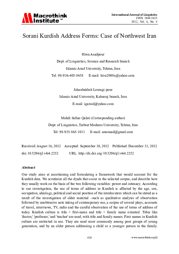 (PDF) Sorani Kurdish Address Forms: Case of Northwest Iran