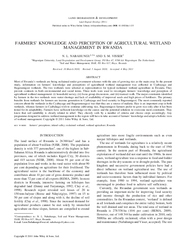 (PDF) FARMERS' KNOWLEDGE AND PERCEPTION OF AGRICULTURAL WETLAND MANAGEMENT IN RWANDA