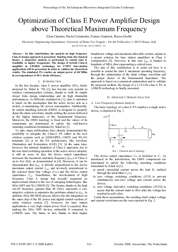 Pdf Optimization Of Class E Power Amplifier Design Above Theoretical Maximum Frequency