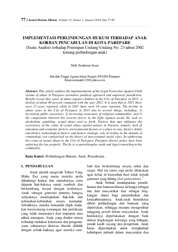 (PDF) IMPLEMENTASI PERLINDUNGAN HUKUM TERHADAP ANAK KORBAN PENCABULAN DI KOTA PAREPARE