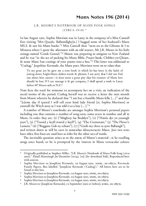 (PDF) “J.R. Moore’s Notebook of Manx Folk Song (circa 1910).” Manx ...