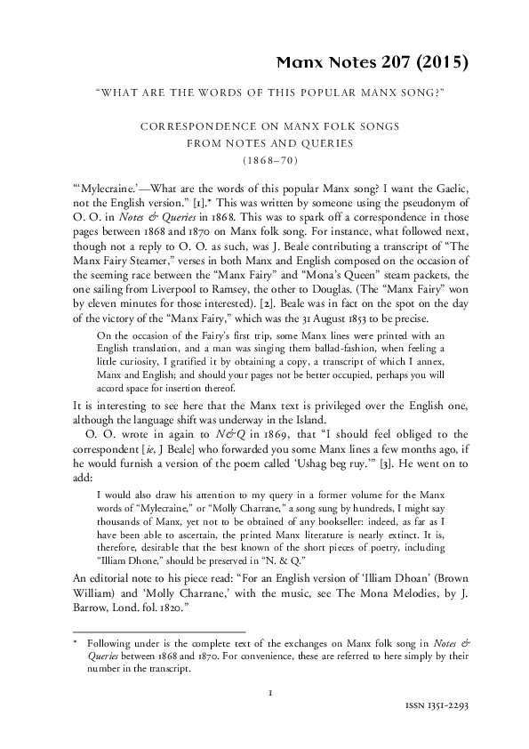 (PDF) “‘What are the words of this popular Manx song?’ Correspondence ...