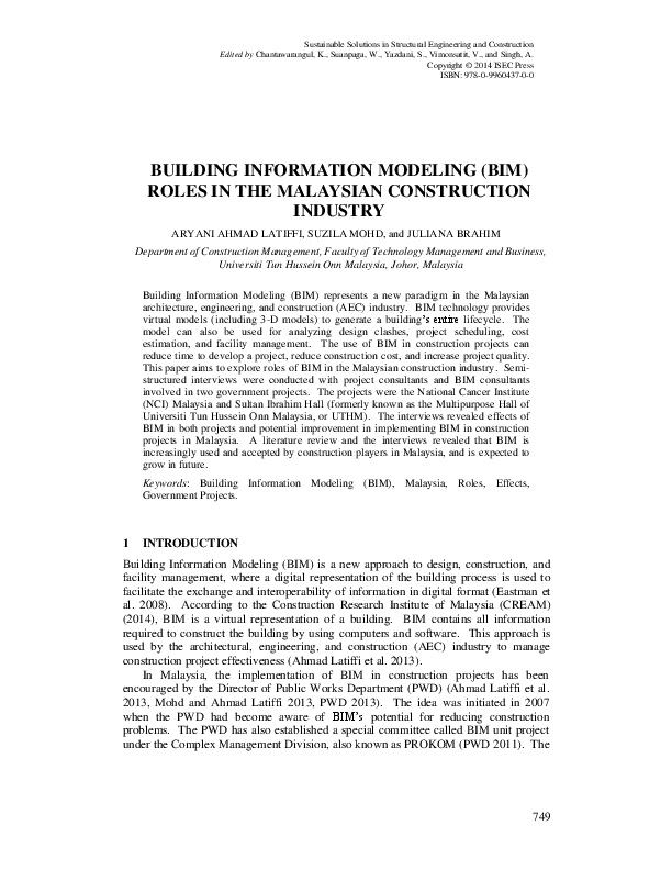 (PDF) Building Information Modeling (BIM) Roles in the MAlaysian Construction Industry