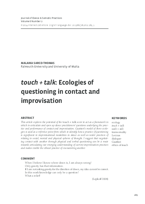 (PDF) Touch + Talk: Ecologies of Questioning in Contact and Improvisation