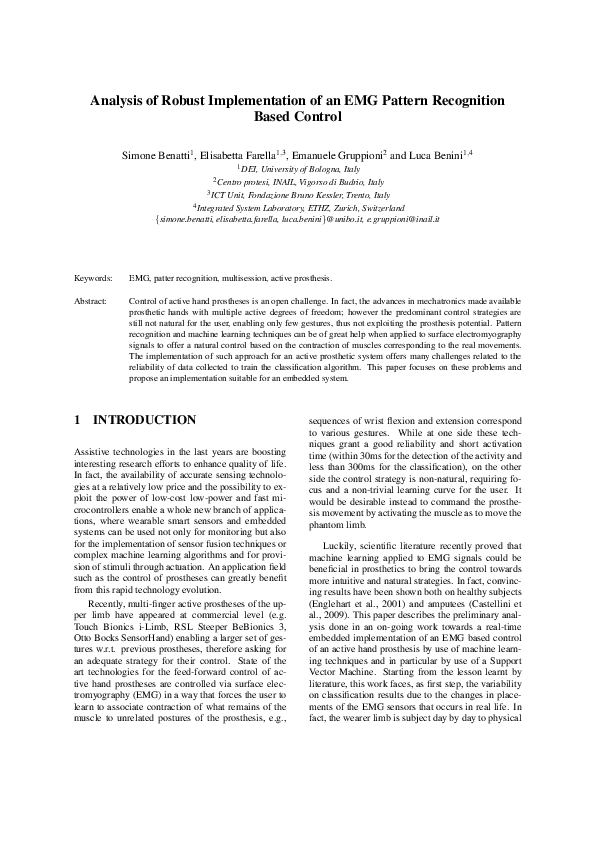 Pdf Analysis Of Robust Implementation Of An Emg Pattern Recognition Based Control