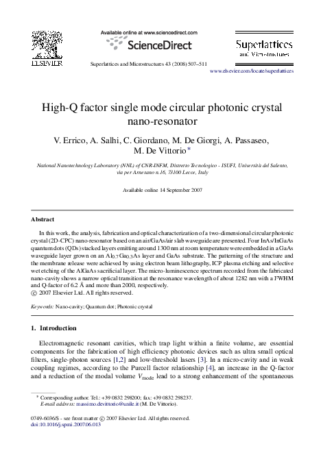 (PDF) High-Q factor single mode circular photonic crystal nano-resonator