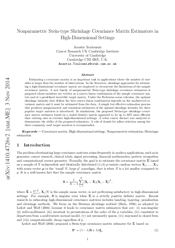 Pdf Nonparametric Stein Type Shrinkage Covariance Matrix Estimators In High Dimensional Settings