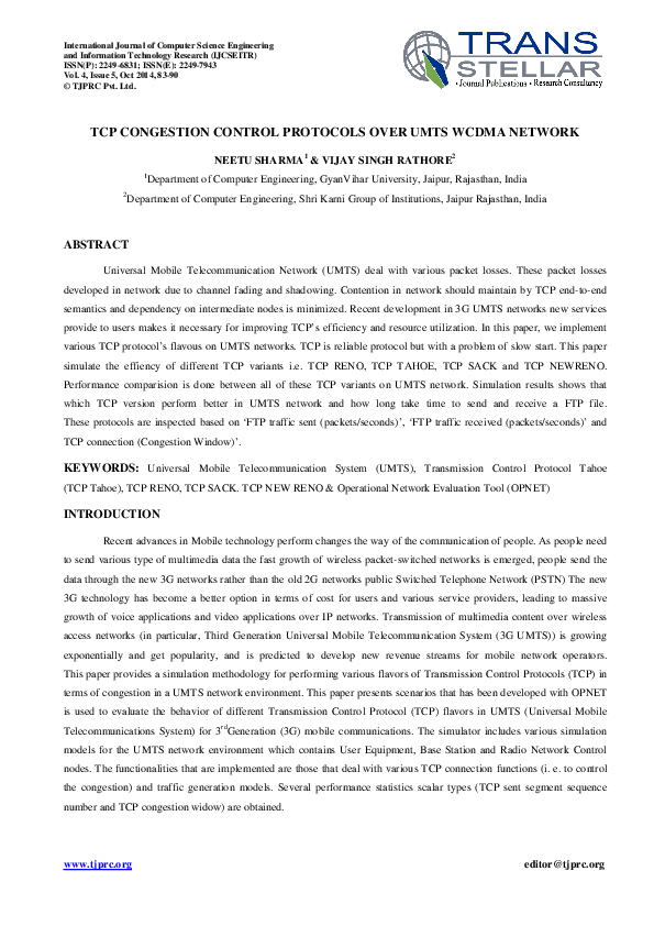 Pdf Tcp Congestion Control Protocols Over Umts Wcdma Network