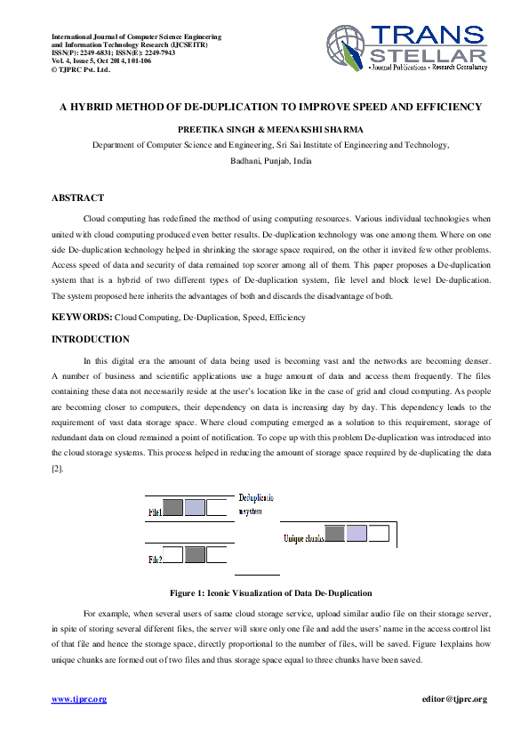 Pdf A Hybrid Method Of De Duplication To Improve Speed And Efficiency