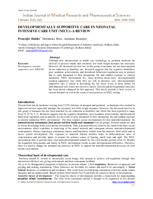 (PDF) DEVELOPMEMTALLY SUPPORTIVE CARE IN NEONATAL INTENSIVE CARE UNIT ...