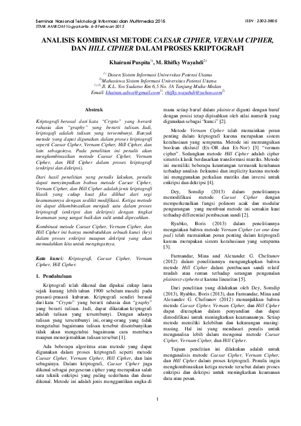 Pdf Analisis Kombinasi Metode Caesar Cipher Vernam Cipher Dan Hill