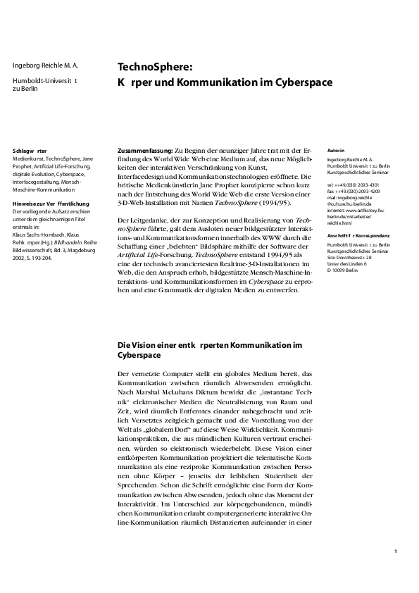 (PDF) TechnoSphere. Körper und Kommunikation im Cyberspace