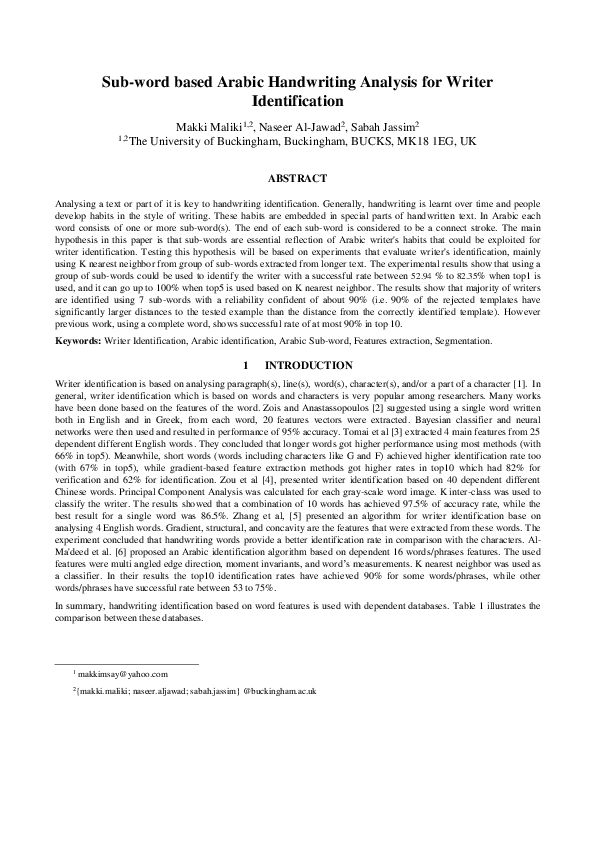 Pdf Sub Word Based Arabic Handwriting Analysis For Writer Identification