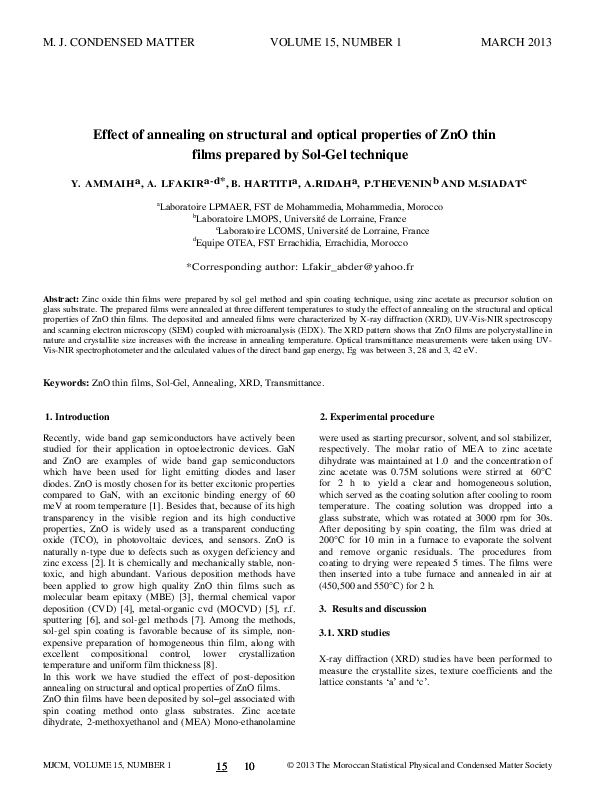 (PDF) Effect of annealing on structural and optical properties of ZnO thin films prepared by Sol ...