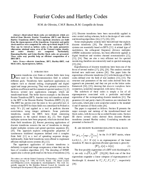 (PDF) Fourier Codes and Hartley Codes