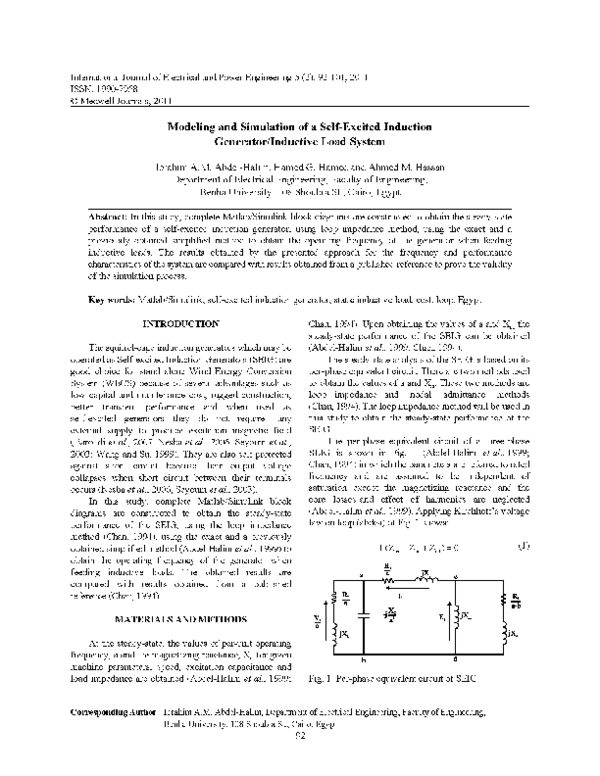 Pdf Modeling And Simulation Of A Self Excited Induction Generator Inductive Load System