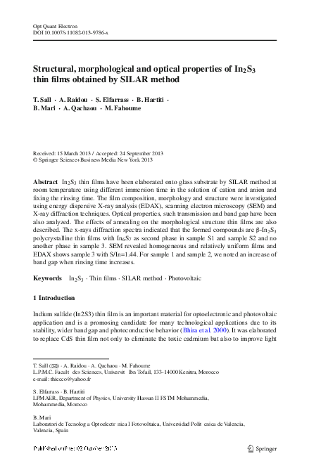 (PDF) Structural, morphological and optical properties of In2S3 thin films obtained by SILAR method