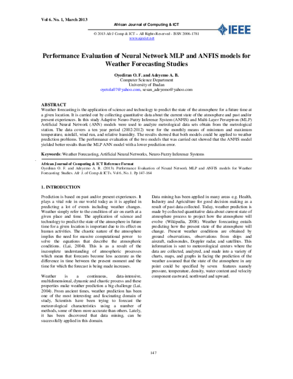 Pdf Performance Evaluation Of Neural Network Mlp And Anfis Models For