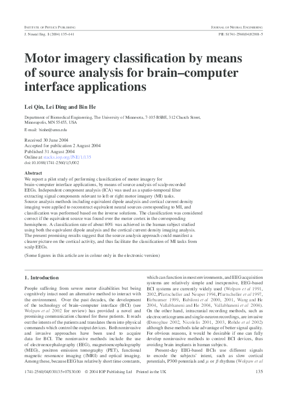 (PDF) Motor imagery classification by means of source analysis for brain computer interface ...