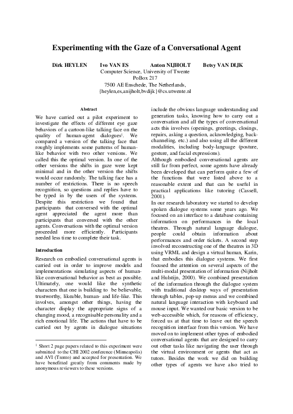 (PDF) Experimenting with the Gaze of a Conversational Agent
