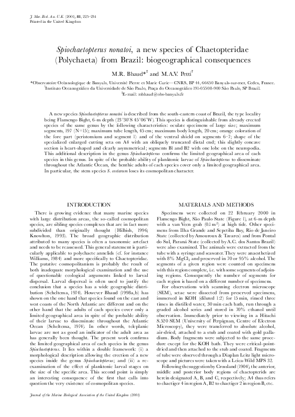 (PDF) Spiochaetopterus nonatoi, a new species of Chaetopteridae ...