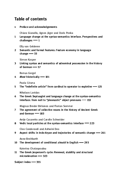 (PDF) TOC for 'Language Change at the Syntax-Semantics Interface', ed. by Chiara Gianollo, Agnes ...