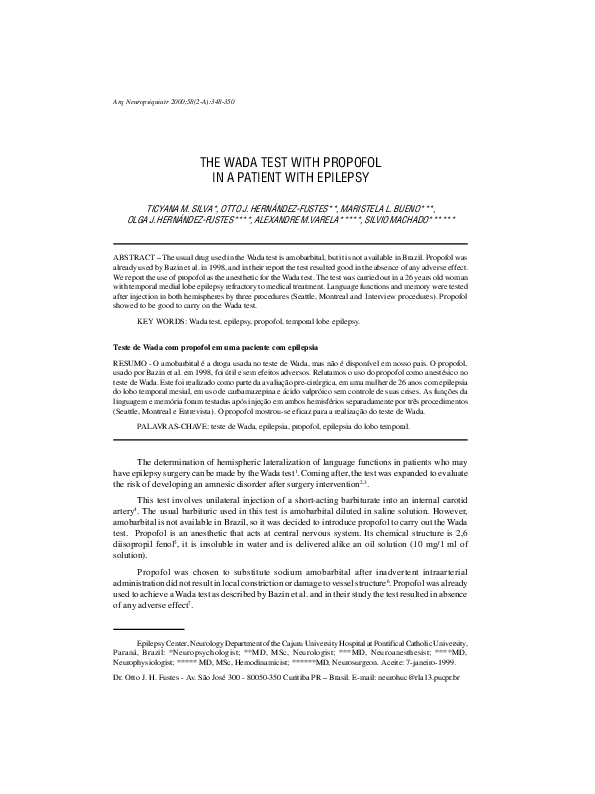 (PDF) The Wada test with propofol in a patient with epilepsy