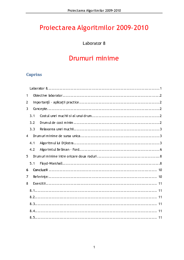(PDF) Proiectarea Algoritmilor 2009-2010 Laborator 8 Drumuri minime