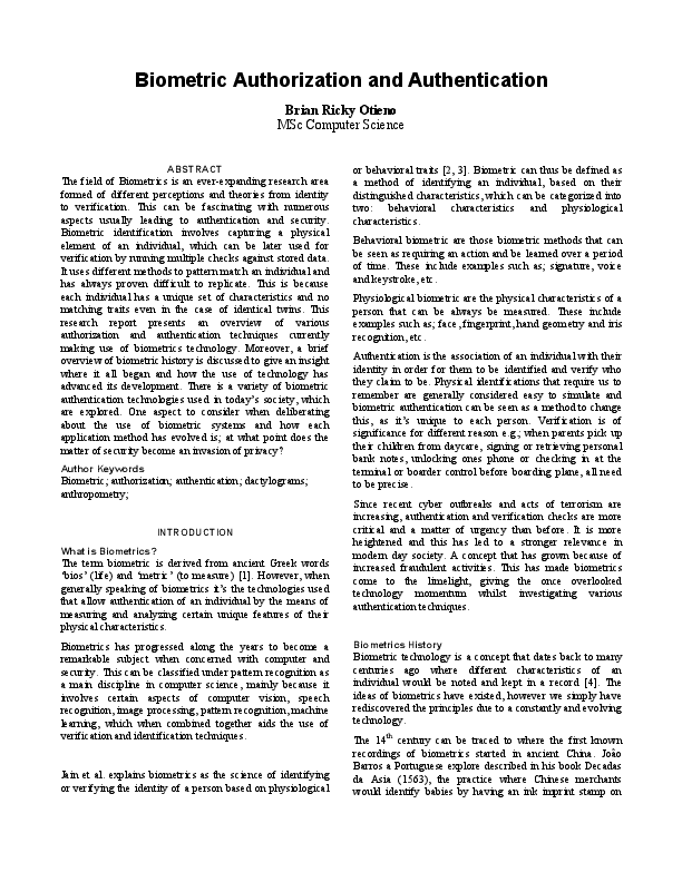 (PDF) Biometric Authorization and Authentication Overview