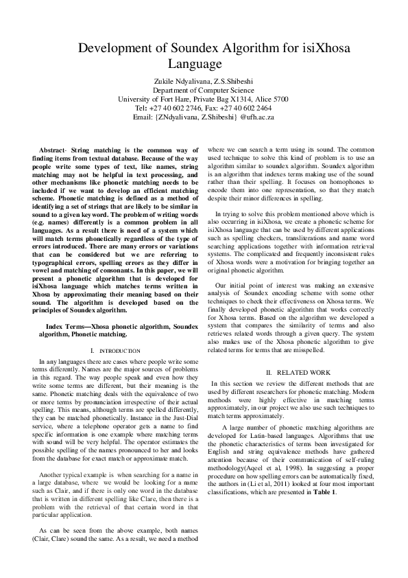 (PDF) Development of Soundex algorithm for isiXhosa language