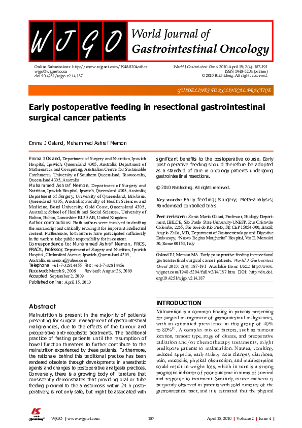 (PDF) Early postoperative feeding in resectional gastrointestinal ...