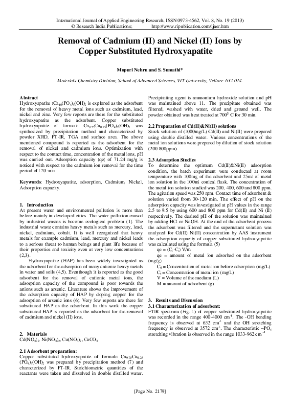 (PDF) Removal of Cadmium (II) and Nickel (II) Ions by Copper Substituted Hydroxyapatite