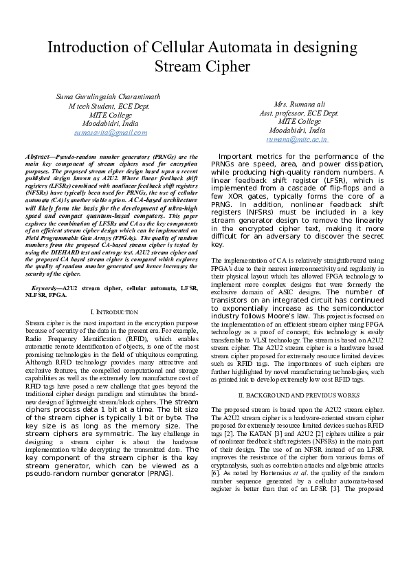 Doc Introduction Of Cellular Automata In Designing Stream Cipher
