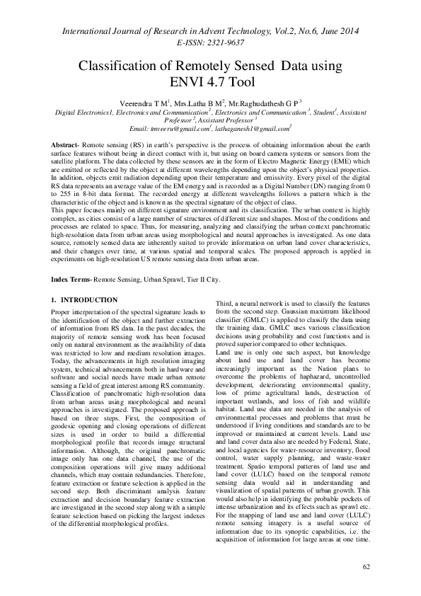 (PDF) Classification of Remotely Sensed Data using ENVI 4.7 Tool