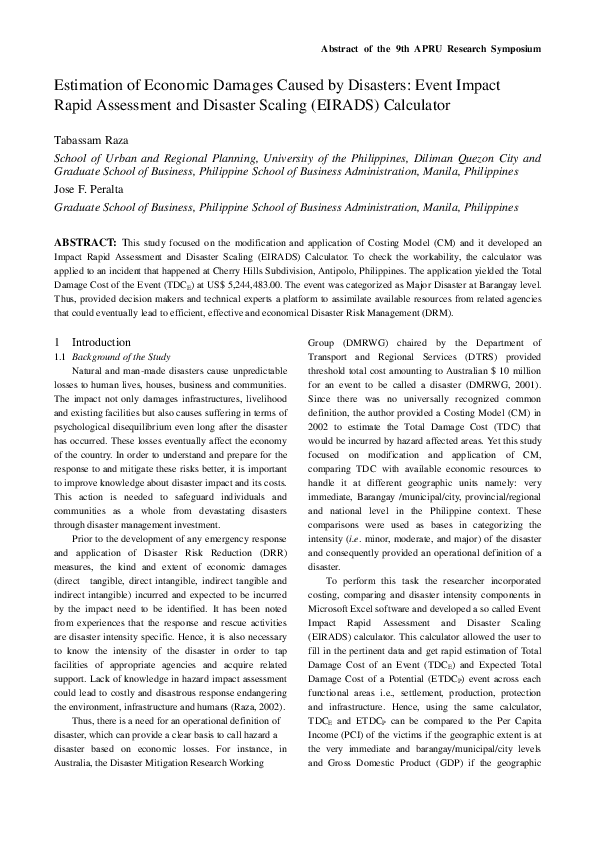 (PDF) Estimation of Economic Damages Caused by Disasters: Event Impact ...