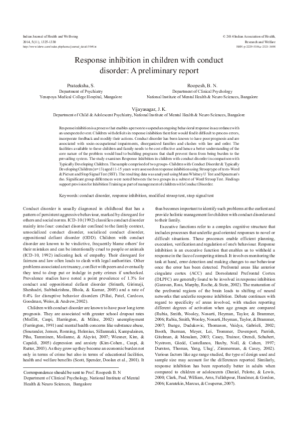 (PDF) Response Inhibition in Children with Conduct Disorder