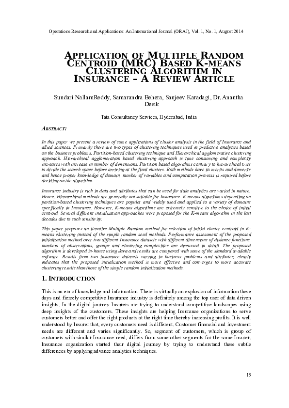 Doc Application Of Multiple Random Centroid Mrc Based K Means Clustering Algorithm In