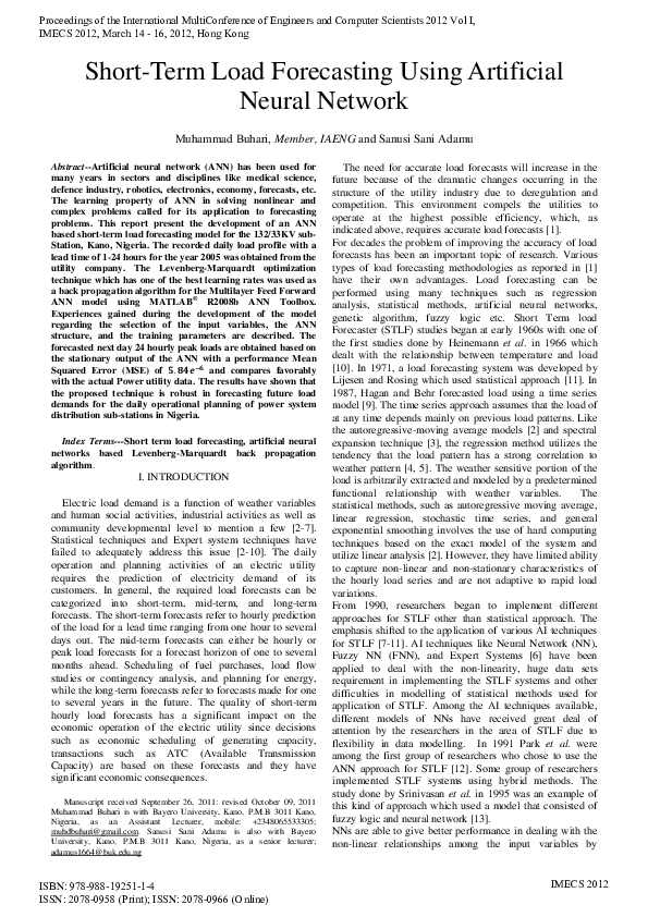 Pdf Short Term Load Forecasting Using Arima Ann And Hybrid Ann Dwt Olufemi Olayiwola