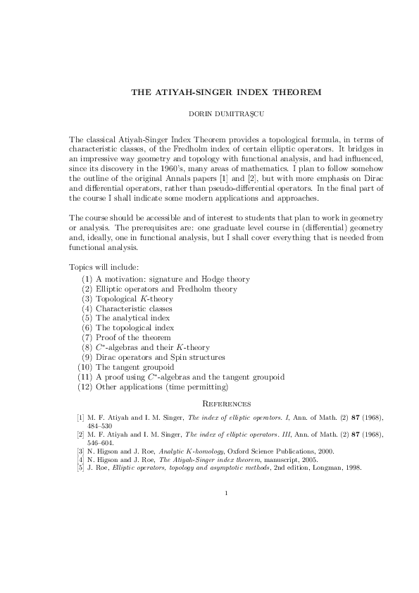 (PDF) THE ATIYAH-SINGER INDEX THEOREM