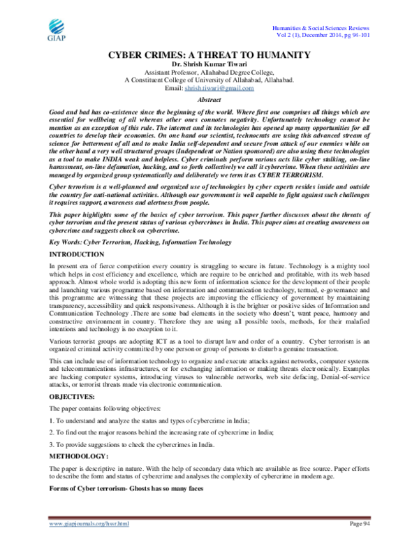 (PDF) CYBER CRIMES A THREAT TO HUMANITY